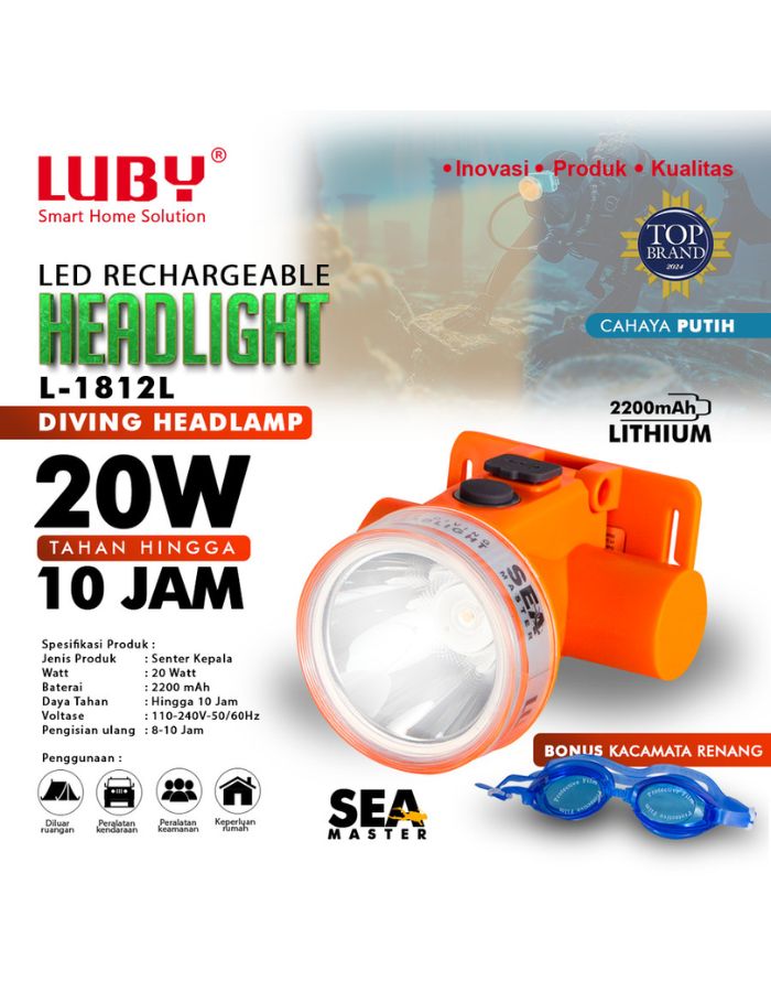 LUBY Headlamp Senter Kepala Sea Master Tahan Air 20 Watt L 1812 - Luby ...