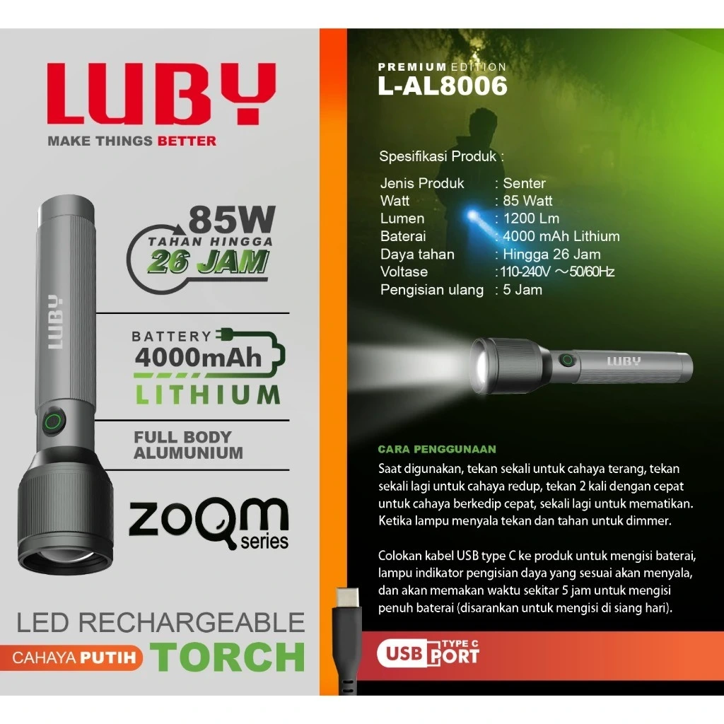 LUBY Flashlight Senter Tangan Zoom In Zoom Out 85 Watt Rechargeable L ...